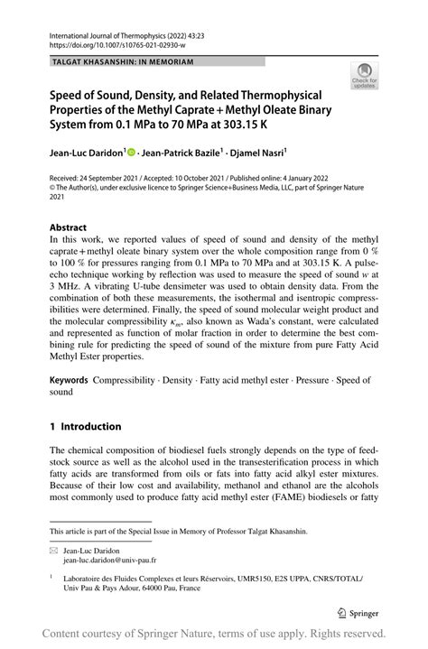 Speed Of Sound Density And Related Thermophysical Properties Of The