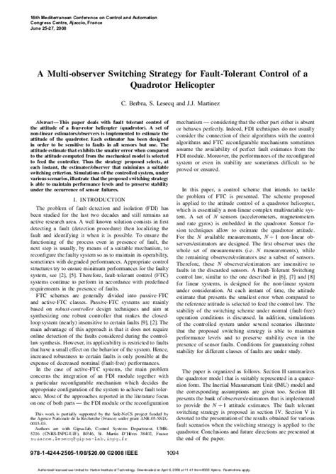 Pdf A Multi Observer Switching Strategy For Fault Tolerant Control Of A Quadrotor Helicopter