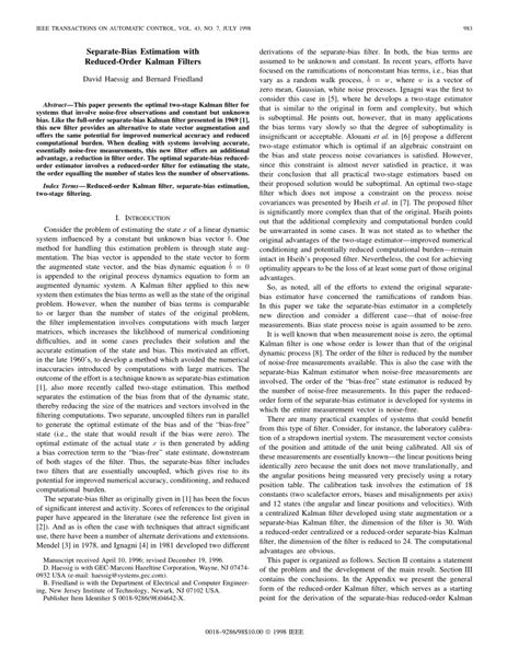 PDF Separate Bias Estimation With Reduced Order Kalman Filters