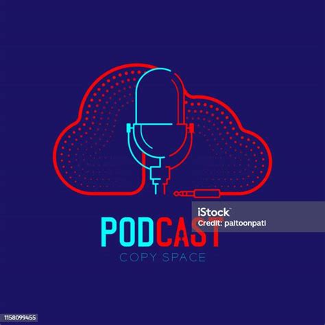 복고풍 마이크 로고 아이콘 개요 스트로크 클라우드 모양 프레임 케이블 대시 라인 디자인 팟 캐스트 인터넷 라디오 프로그램 개념 일러스트 는 Podcast 텍스트와 어두운