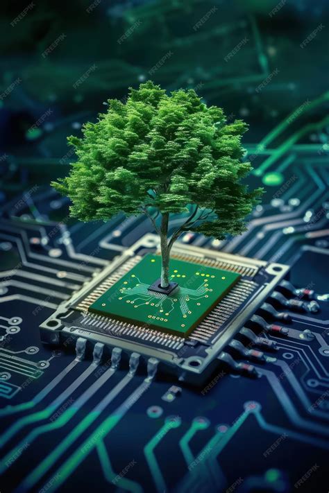 green digital tree growing on an ai chip symbolizing sustainable energy