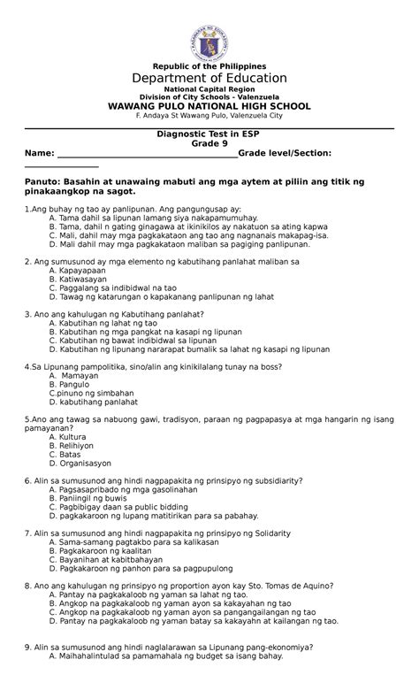 Diagnostic Test In Esp Grade 9 Republic Of The Philippines Department