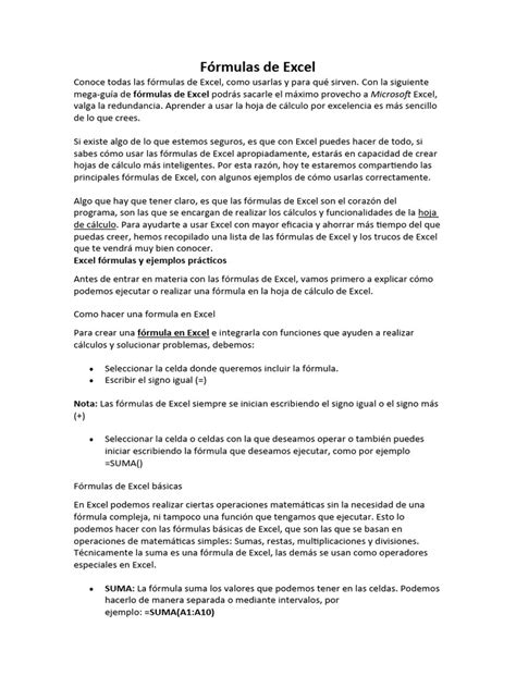 Fórmulas De Excel Pdf Microsoft Excel Hoja De Cálculo