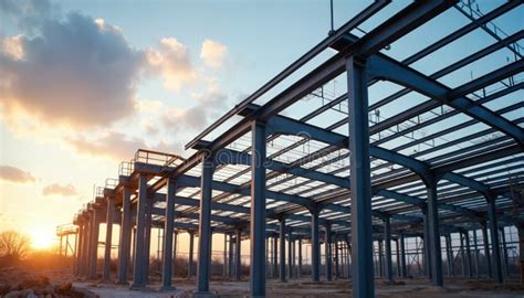 Steel Structure Construction Site At Sunset Industrial Building
