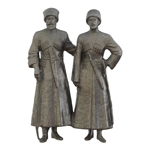 Two Metallic Gray Figures Of Cossacks In Uniforms On An Isolated