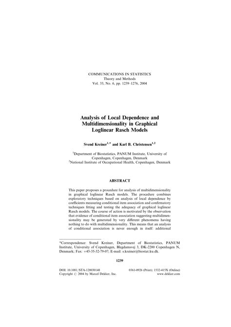 Pdf Analysis Of Local Dependence And Multidimensionality In Graphical Loglinear Rasch Models