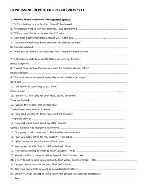 Reported Speech Exercises Pdf