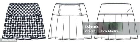 스커트 기술 패션 일러스트레이션 하운드투스 디자인 세트 주름 스커트 패션 플랫 기술 도면 템플릿 미니 길이 버튼 업 앞뒤보기 흰색 여성 남성 남녀 공용 Cad 모형 세트 0