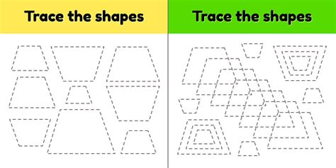 벡터 일러스트입니다 어린이 유치원 유치원 및 학교 연령에 대 한 교육 추적 워크 시트 기하학적 모양을 추적 합니다 파선 사다리꼴 0명에 대한 스톡 벡터 아트 및 기타 이미지