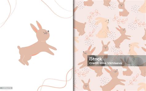 토끼와 벡터 원활한 배경과 그림의 집합 옷 인테리어 디자인 포장 인쇄에 인쇄를위한 만화 손으로 그린 스타일로 벡터 아기 그림 귀여운에 대한 스톡 벡터 아트 및 기타 이미지