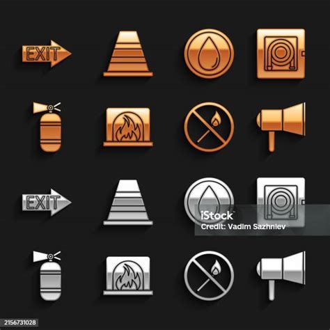 인테리어 벽난로 소방 호스 캐비닛 확성기 성냥 없음 소화기 물방울 출구 및 교통 원뿔 아이콘을 설정합니다 벡터 0명에 대한 스톡 벡터 아트 및 기타 이미지 Istock