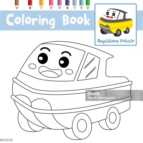 색칠 하기 페이지 수륙 양용 차량 만화 캐릭터 원근 보기 벡터 일러스트 3차원 형태에 대한 스톡 벡터 아트 및 기타 이미지