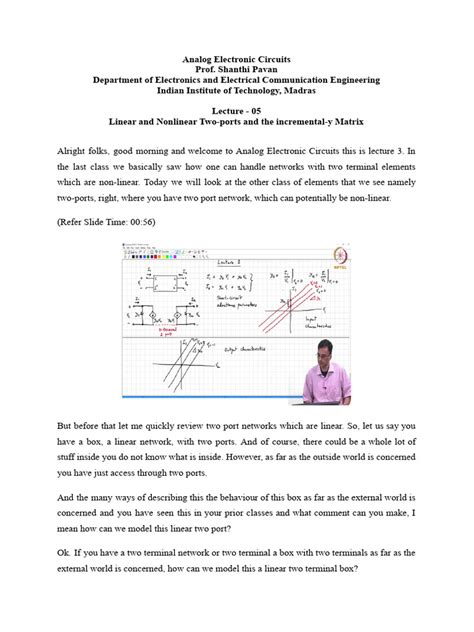 Linear And Nonlinear Two Ports And The Incremental Y Matrix Lecture 5 By Shanti Pavan Sir