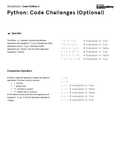 Learn Python 3 Python Code Challenges Optional Cheatsheet Codecademyp