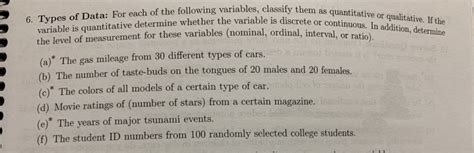 Solved 6 Types Of Data For Each Of The Following