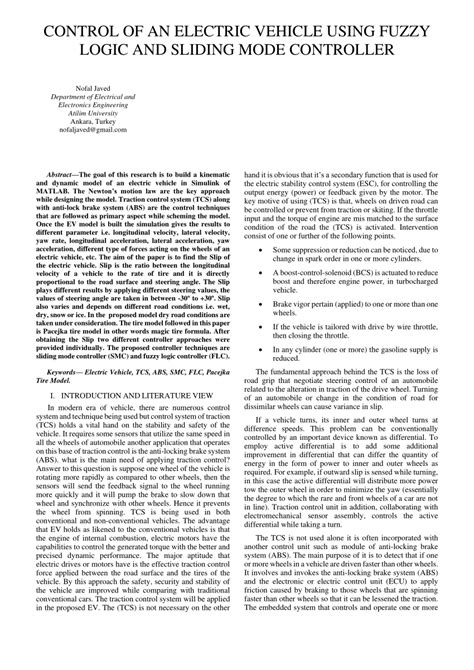 Pdf Control Of An Electric Vehicle Using Fuzzy Logic And Sliding Mode Controller