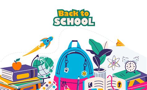 학교 벡터 일러스트 레이 션으로 돌아 왔습니다 학교 도구 액세서리 용품 인사말 텍스트 기호 문구 디자인 펜 연필 책 종이 비행기 배낭 배경 흰색으로 분리됨 복사 공간 0명에