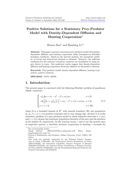 Global Science Press Positive Solutions For A Stationary Prey Predator