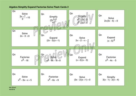 Algebra Simplify Expand Factorise Solve Flash Cards 2 Teaching Resources