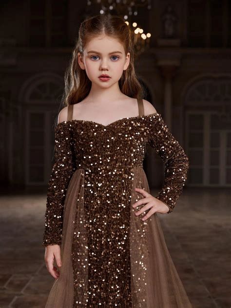 Tween Girls Off Shoulder Mesh Overlay Sequin Prom Dress Elonnashop