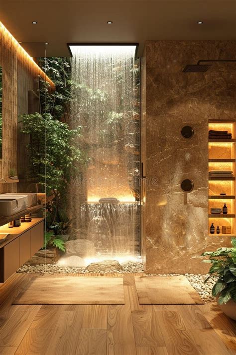 Contemporary Bathroom With A Glass Enclosed Waterfall Shower And