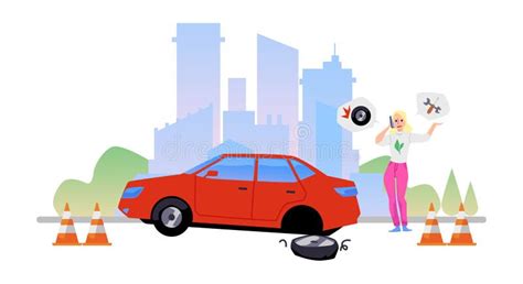Woman Driver Calling Roadside Assistance Flat Vector Illustration