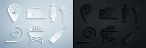 세트 바베큐 그릴 롤리팝 생일 파티 혼 샴페인 병 두 스피커와 알코올 맥주 바 위치 아이콘홈 스테레오 벡터 3차원 형태에 대한 스톡 벡터 아트 및 기타 이미지 Istock