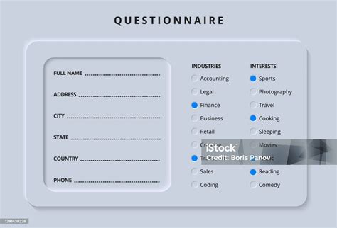 라이트 모드 모바일 앱 Ui를 위한 클린 스쿠오모피즘 또는 비형성 스타일의 확인란 및 진입 필드로 설문 조사 또는 테스트에 대한 설문지 양식 2020 2029 년에 대한