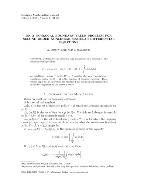 Pdf On A Nonlocal Boundary Value Problem For Second Order Nonlinear Singular Differential