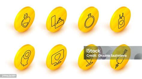 하트와 화살표 위치 좋아요 머리 하트 태그 다이아몬드 약혼 반지 및 병 사랑의 묘약 아이콘으로 라인 Amour를 설정합니다 벡터 3월에 대한 스톡 벡터 아트 및 기타 이미지