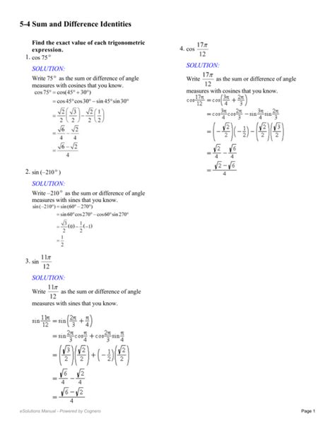 Sum And Difference Identities Worksheet