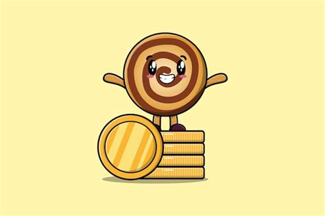 평면 만화에서 누적된 금화 벡터 일러스트 레이 션에 귀여운 만화 쿠키 캐릭터 서 프리미엄 벡터