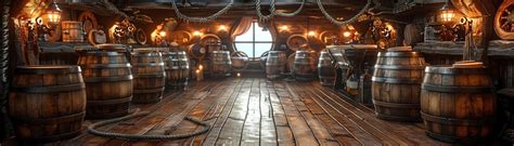 Rustic Pirate Ships Galley Wooden Barrels And Ropes Warmly Lit By