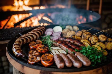 Outdoor Barbecue Party Preparation With Grilled Sausages And Poultry In