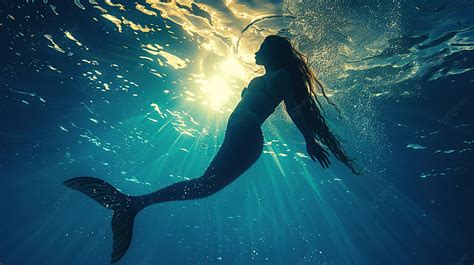 Mermaid Swimming Underwater In The Deep Blue Sea Photo And Picture For
