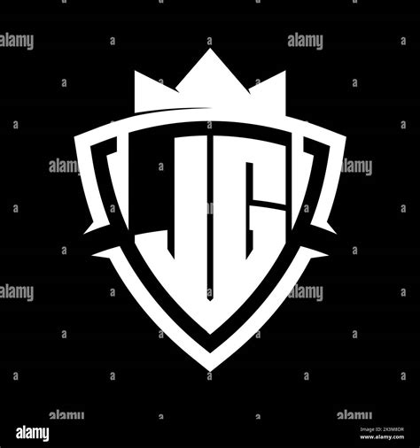 Jg Letter Bold Monogram With Triangle Curve Shield Shape With Crown White And Black Background