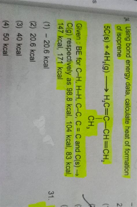 Using Bond Energy Data Calculate Heat Of Formation Of Isoprene 5c S 4h2