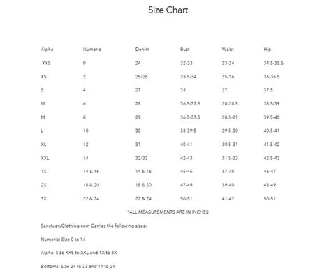 Sanctuary Clothing Size Chart Women Zmrm