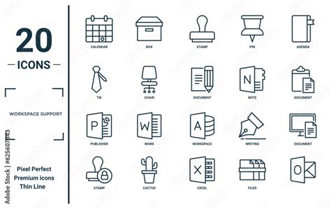 Workspace Support Linear Icon Set Includes Thin Line Calendar Tie Publisher Stamp