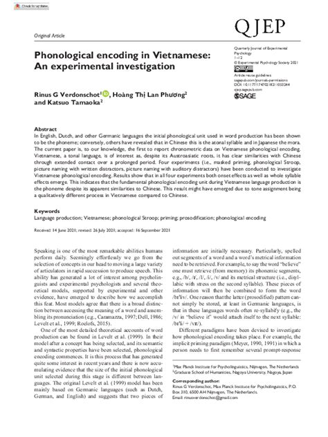 Pdf Phonological Encoding In Vietnamese An Experimental Investigation