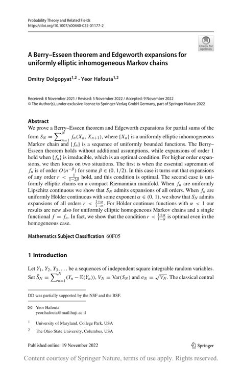 Pdf A Berry Esseen Theorem And Edgeworth Expansions For Uniformly Elliptic Inhomogeneous