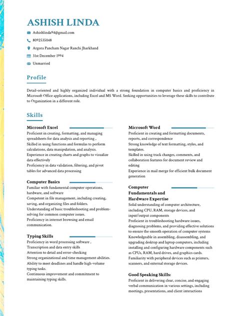 Ashish Resume Pdf Computer Hardware Microsoft Excel