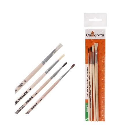 Набор кистей 4 штуки №1 круглые Пони №1 Белка №2 Щетина №3 плоская Коза №6 деревянная