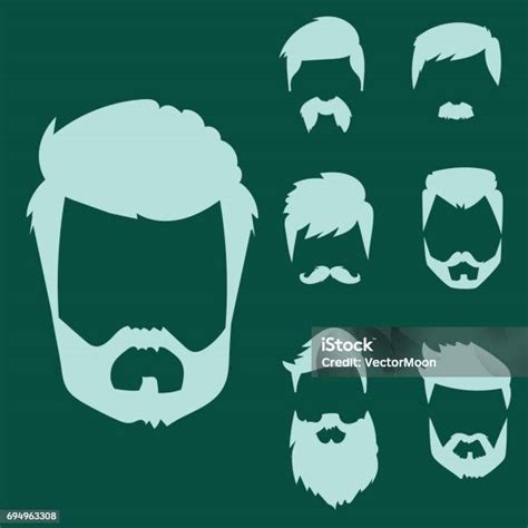 Hipster 복고풍 머리 스타일 콧수염 빈티지 오래 된 면도 남자 얼굴 수염 머리 절연 일러스트 레이 션의 벡터 세트 검은색에 대한 스톡 벡터 아트 및 기타 이미지