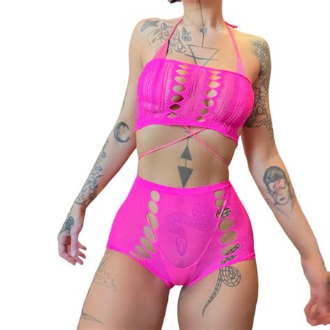 Hot Pink Mesh Short 2 Piece Set Cutout Top And Shorts Grlfriday Shop