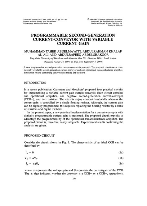 Pdf Programmable Second Generation Current Conveyor With Variable Current Gain