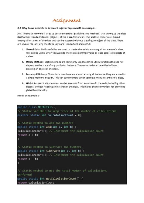 Static Assignement Assignment Q 1 Why Do We Need Static Key Word In