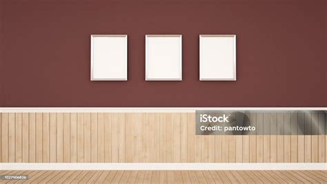 그림 프레임 작품나무 벽과 나무 바닥 장식으로 붉은 갈색 벽에 빈 공간과 그림 프레임 공간 디자인3d 렌더링에 앨범 사진을 추가 0명에 대한 스톡 사진 및 기타 이미지