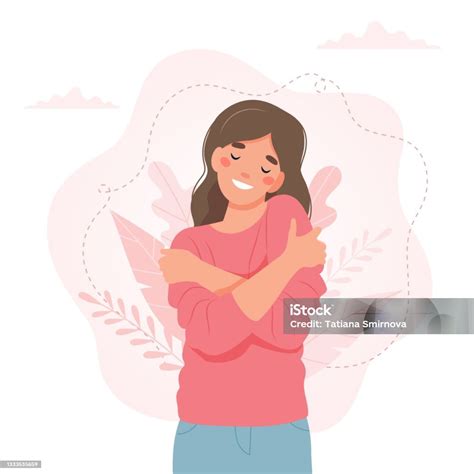 자기 사랑 개념 자신을 껴안고 여자 플랫 스타일로 벡터 일러스트 존경에 대한 스톡 벡터 아트 및 기타 이미지 존경 사랑 건강관리와 의술 Istock