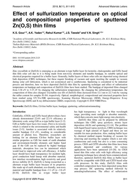 Pdf Effect Of Sulfurization Temperature On Optical And Compositional Properties Of Sputtered